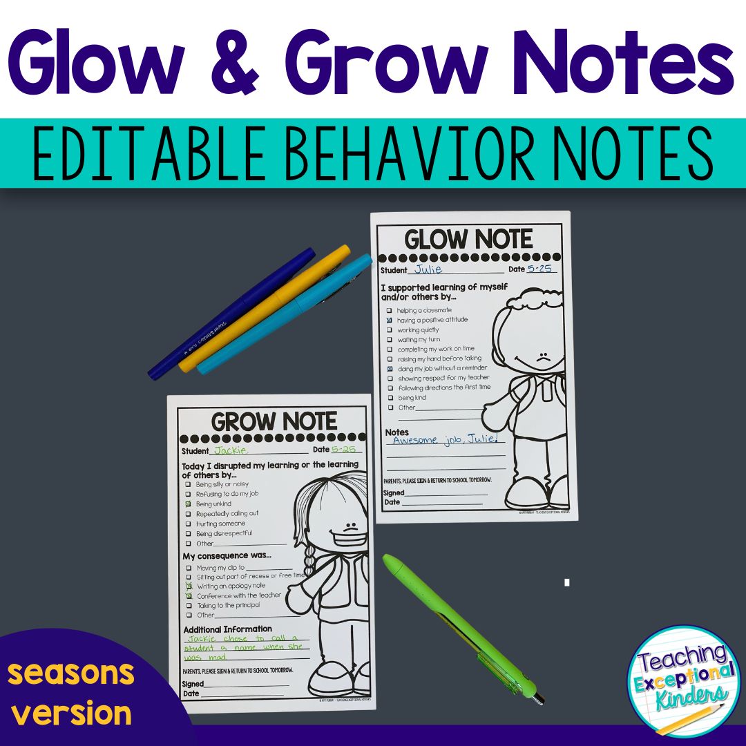 Glow and Grow Behavior Notes Seasonal - Kindergarten Toolbox
