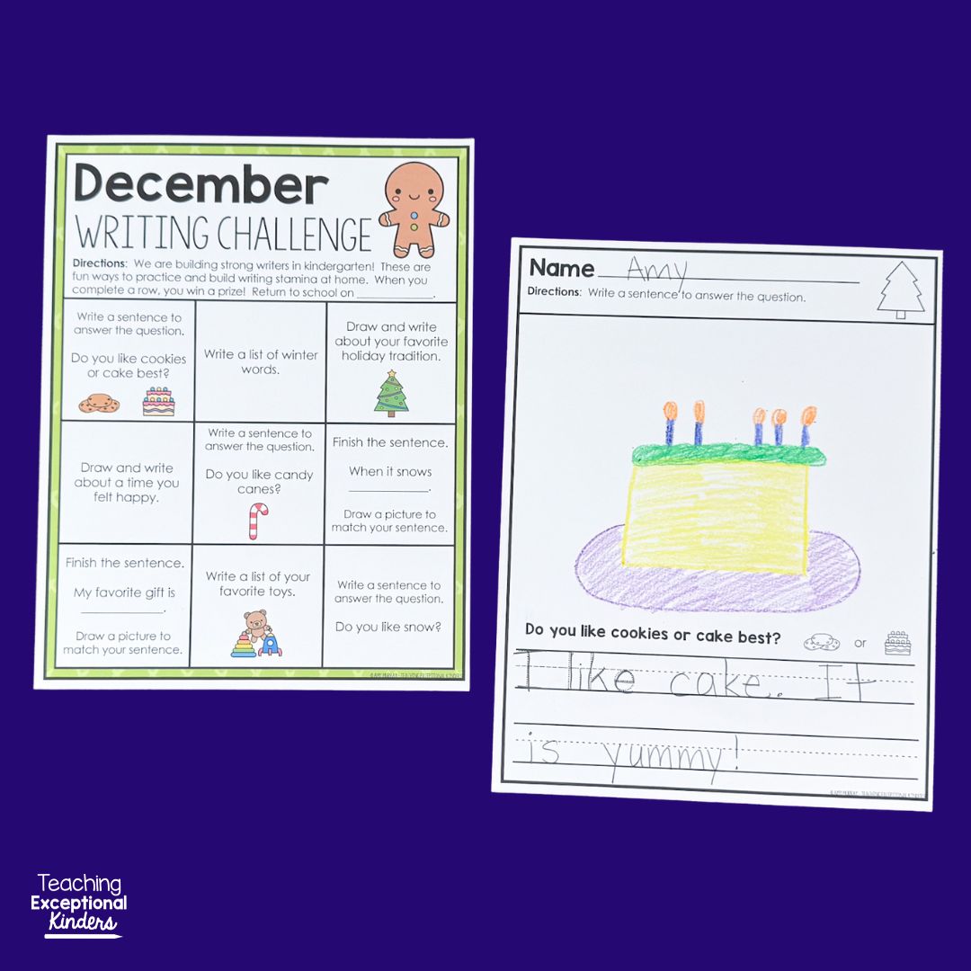 December Kindergarten Writing Challenge Menu - Kindergarten Toolbox