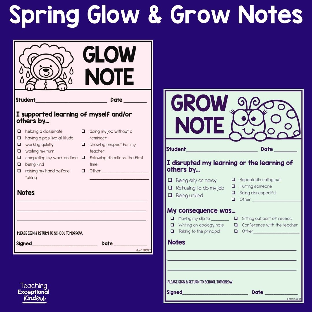 Spring Glow and Grow Behavior Notes - Kindergarten Toolbox